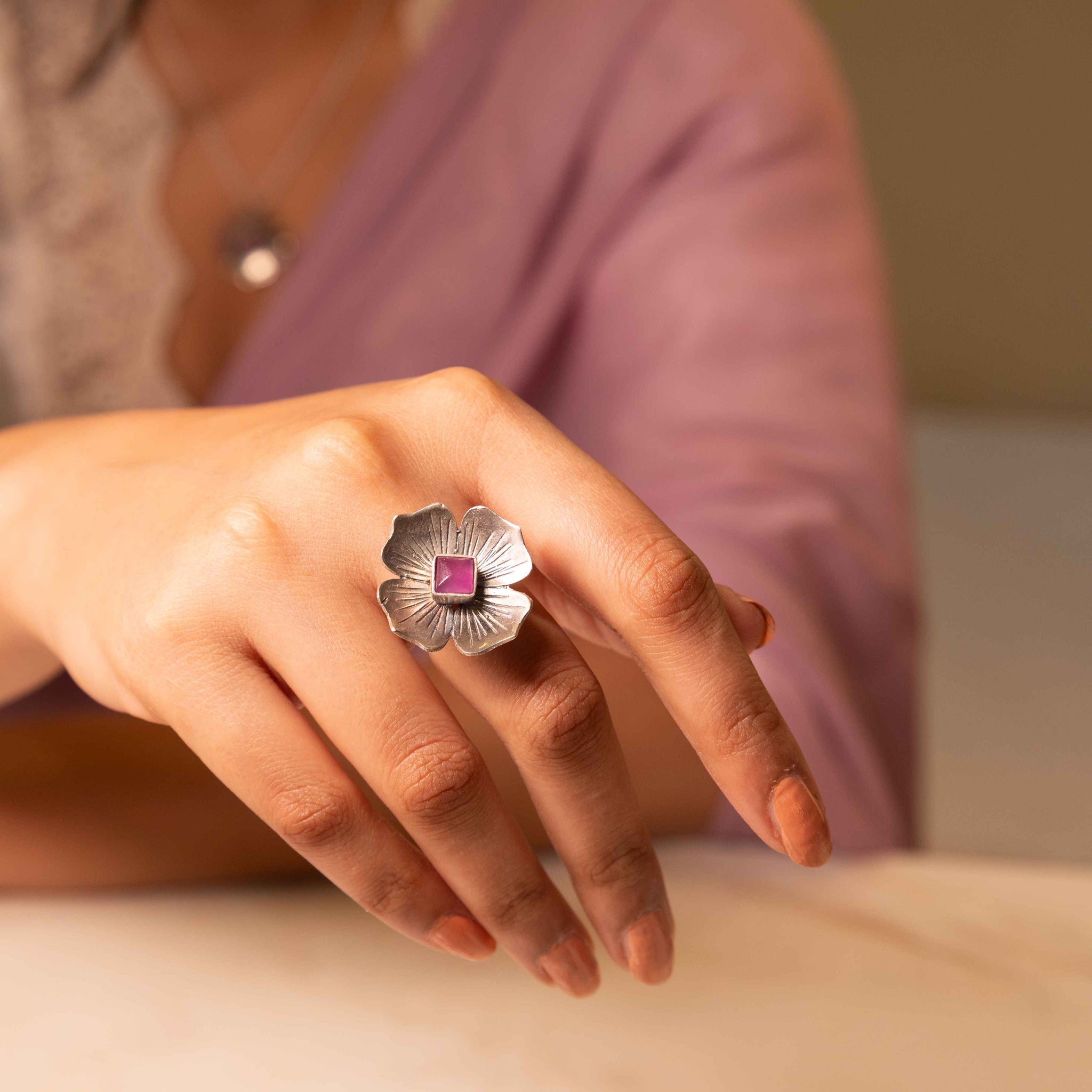 Adya Blush Bloom Flower Drop Ring