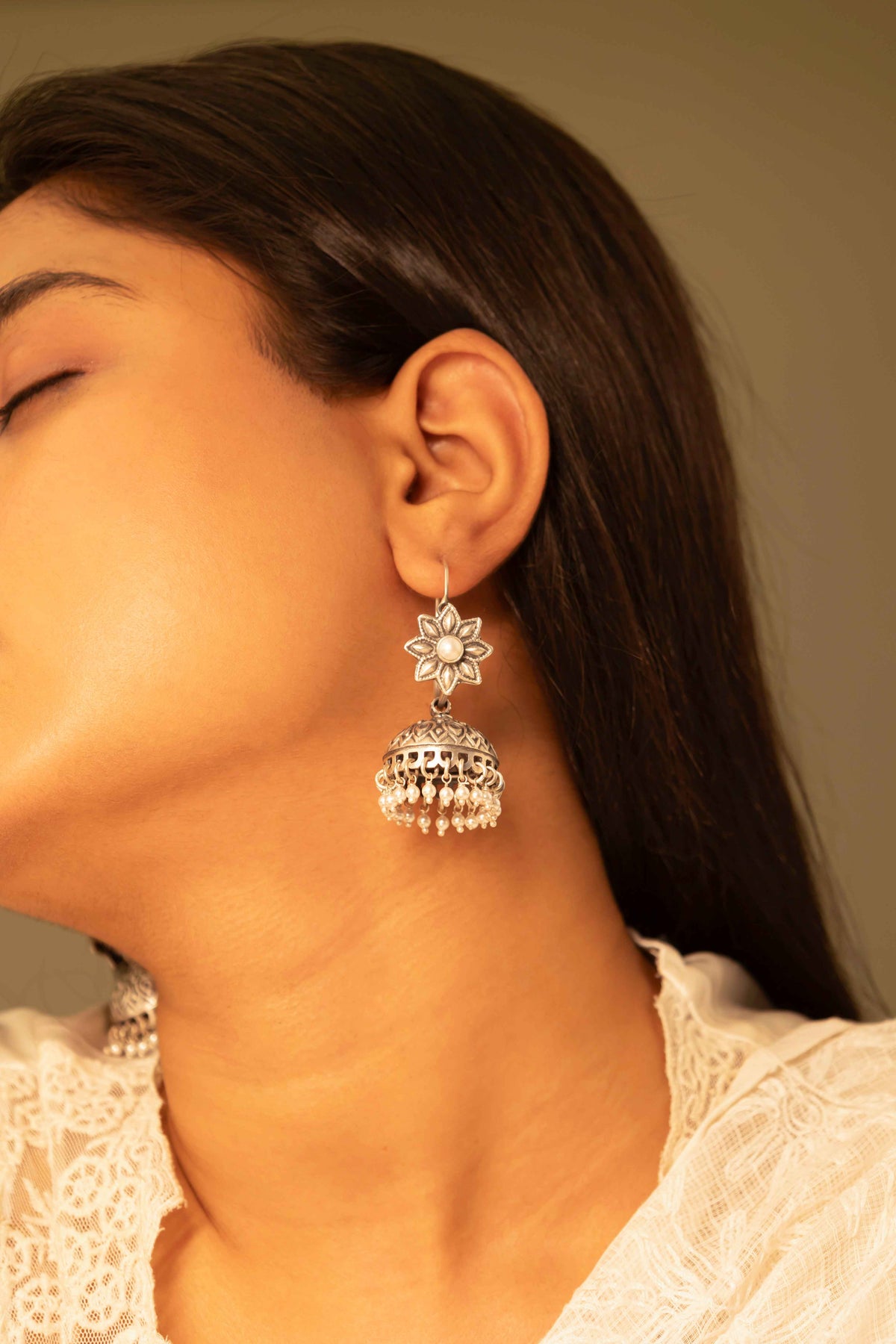 Dulari Intricate Pearl Embossed Bali Jhumka