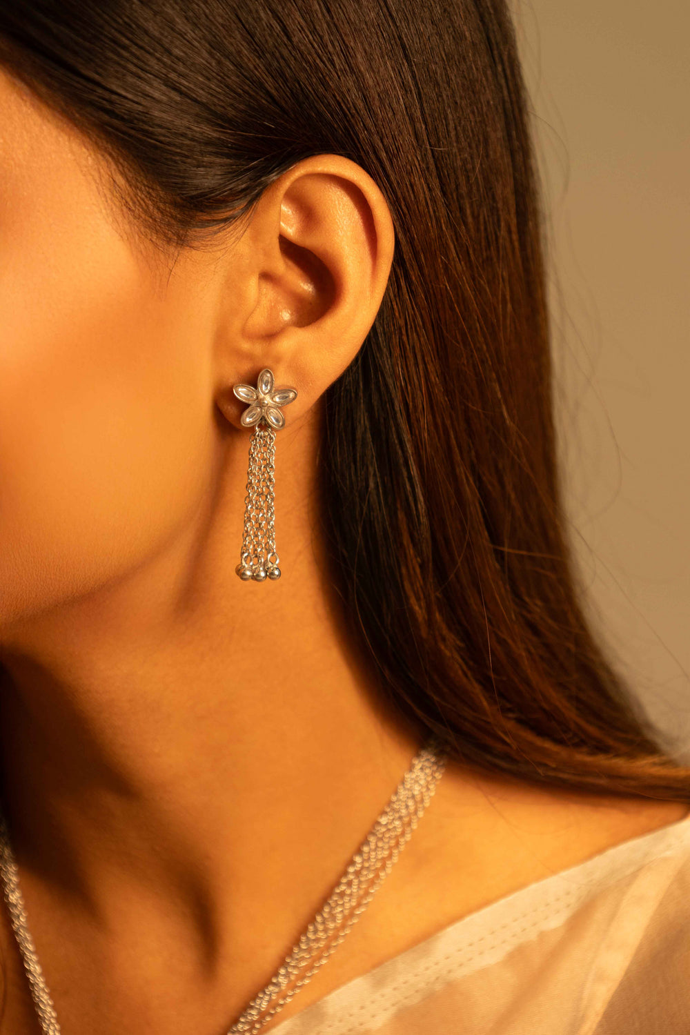 Essence Kundan Flower Chain Drop Earring